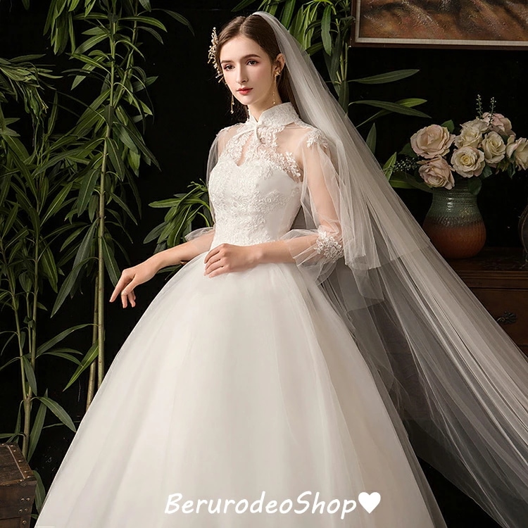 ウェディングドレス 袖あり 7分袖 レース キレイめ ホワイトドレス