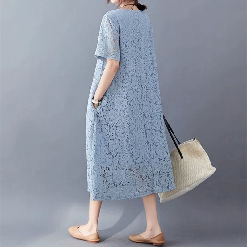 ワンピース ロング丈 袖あり 半袖 ラウンドネック 襟なし ルーズ A