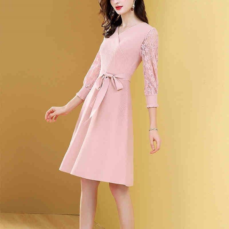 ワンピース リブ ニット 膝丈 七分袖 花柄 レース Vネック ウエスト