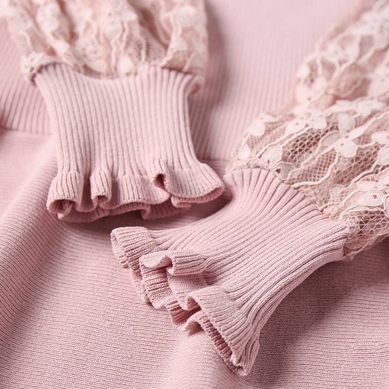 ワンピース リブ ニット 膝丈 七分袖 花柄 レース Vネック ウエスト