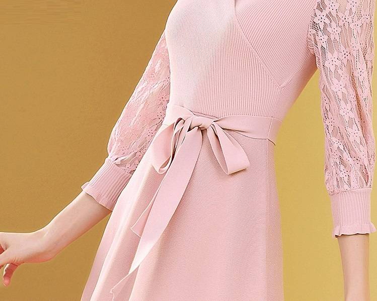 ワンピース リブ ニット 膝丈 七分袖 花柄 レース Vネック ウエスト