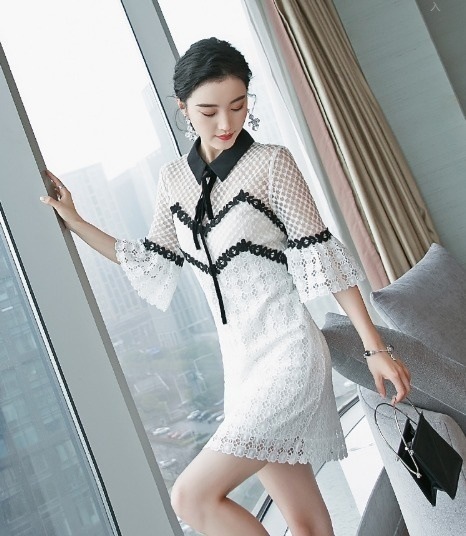 パーティードレス ハイウエスト レース バイカラー 花柄 七分丈