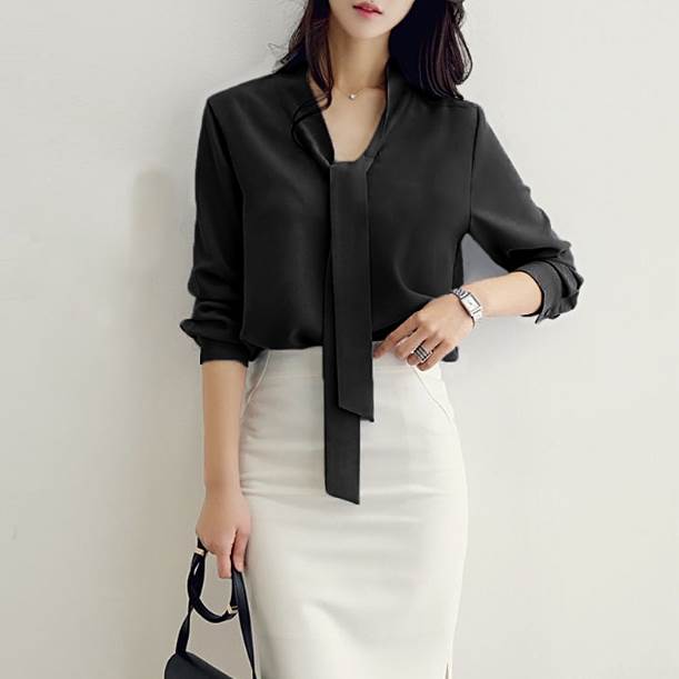 ネクタイシャツ トップス シャツ ミディアム丈 袖あり 長袖 Vネック 襟