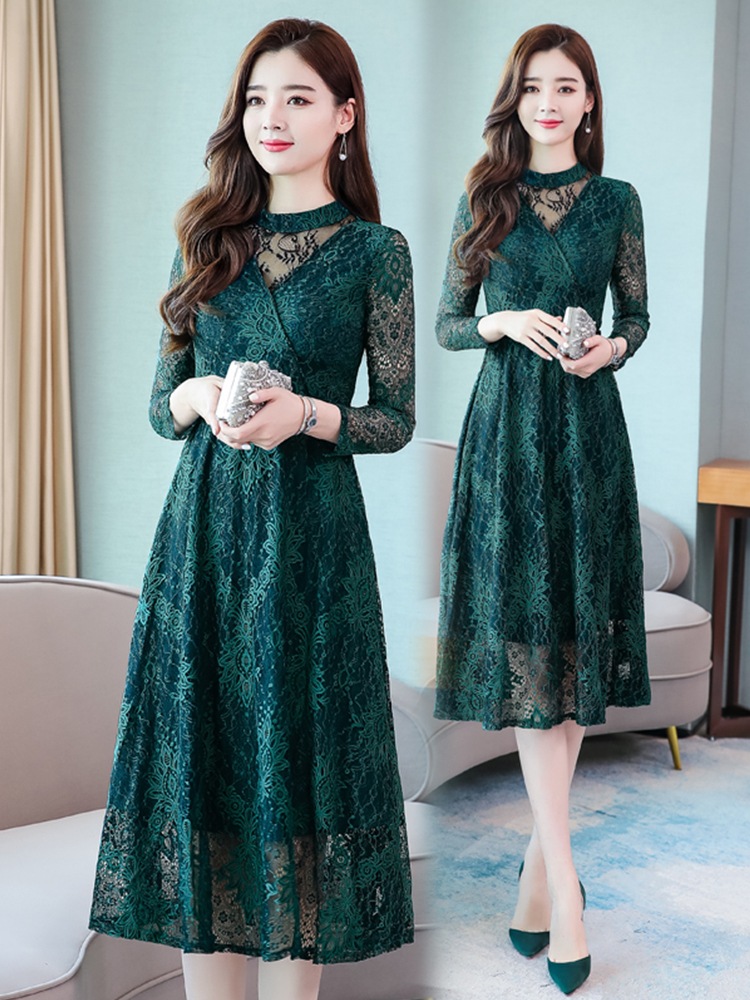 3色 ワンピース 長袖 春 秋 きれいめ Aライン ワンピドレス フレア