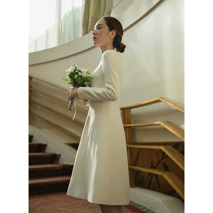 長袖 ミモレ丈 ウェディグドレス ロング丈 二次会 花嫁 パーティドレス