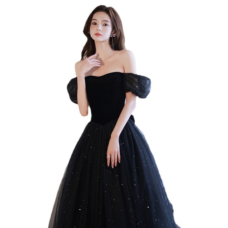ブラックイブニングドレスレディース2024年新品夏忘年会レディース気質ホストドレステクスチャフレンチロングドレス ブラックイブニングドレス2024気質宴会ホストドレスドレス