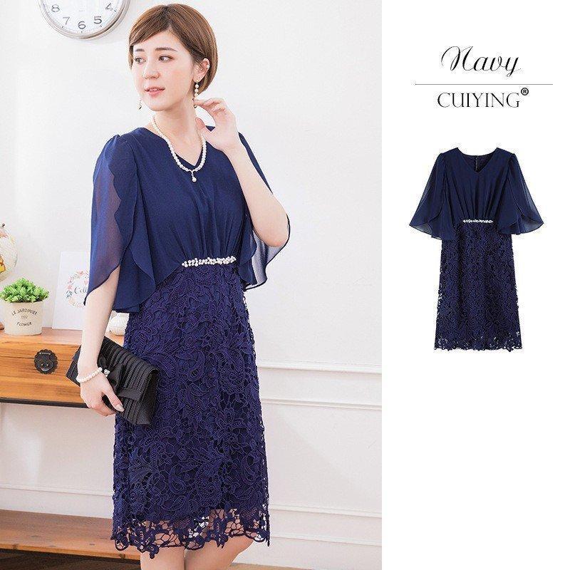 ワンピース レデイース 40代 膝丈 ドレス 袖あり レース ドルマン