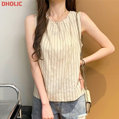 [Qoo10] DHOLIC コットンラウンドネックギャザーストライプ : レディース服